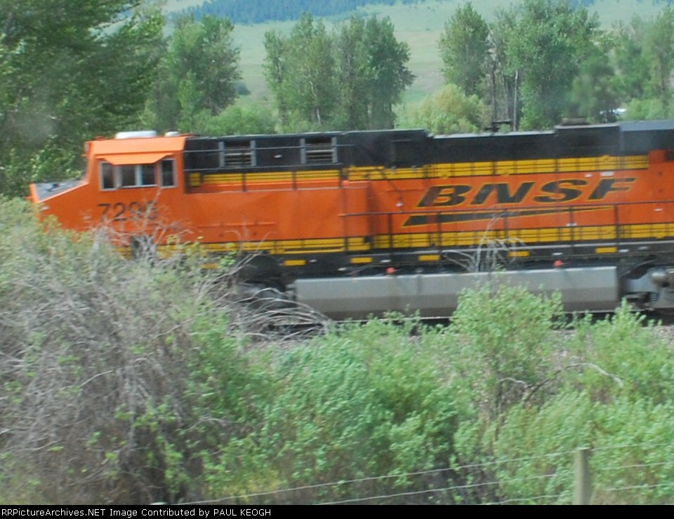 Clsoe up shot of BNSF 7296 as she rolls south towards Missoula, Mt. on the MRL line out of ...